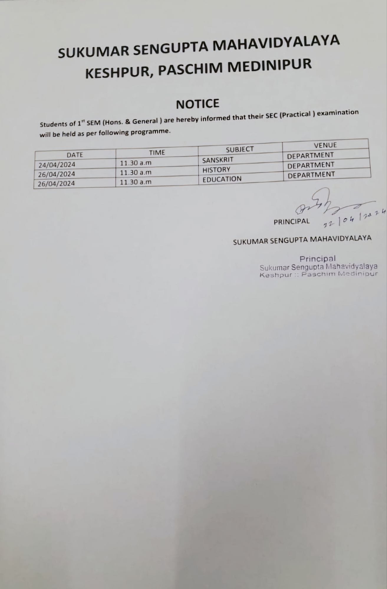 1st Semester SEC PAPER PRACTICAL EXAMINATION SCHEDULE – Sukumar ...